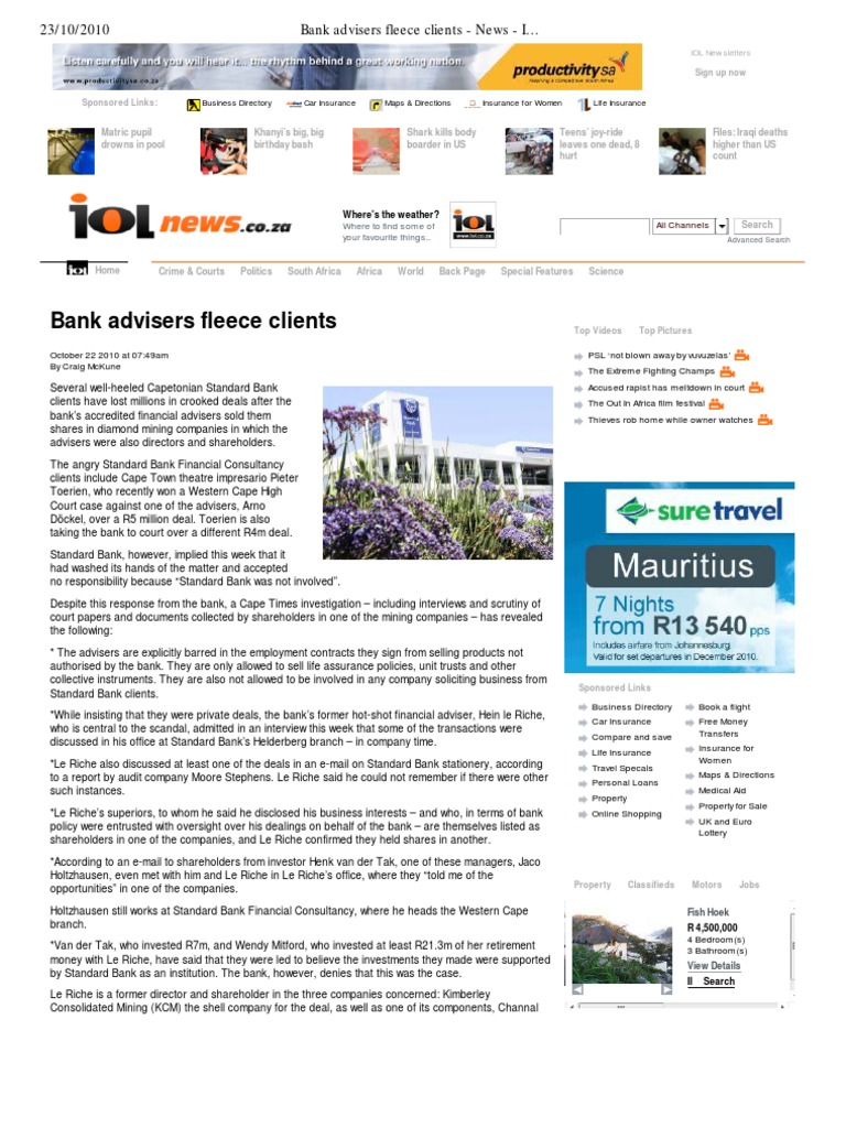 Bank Advisers Fleece Clients - News - IOL - Breaking News - South ...