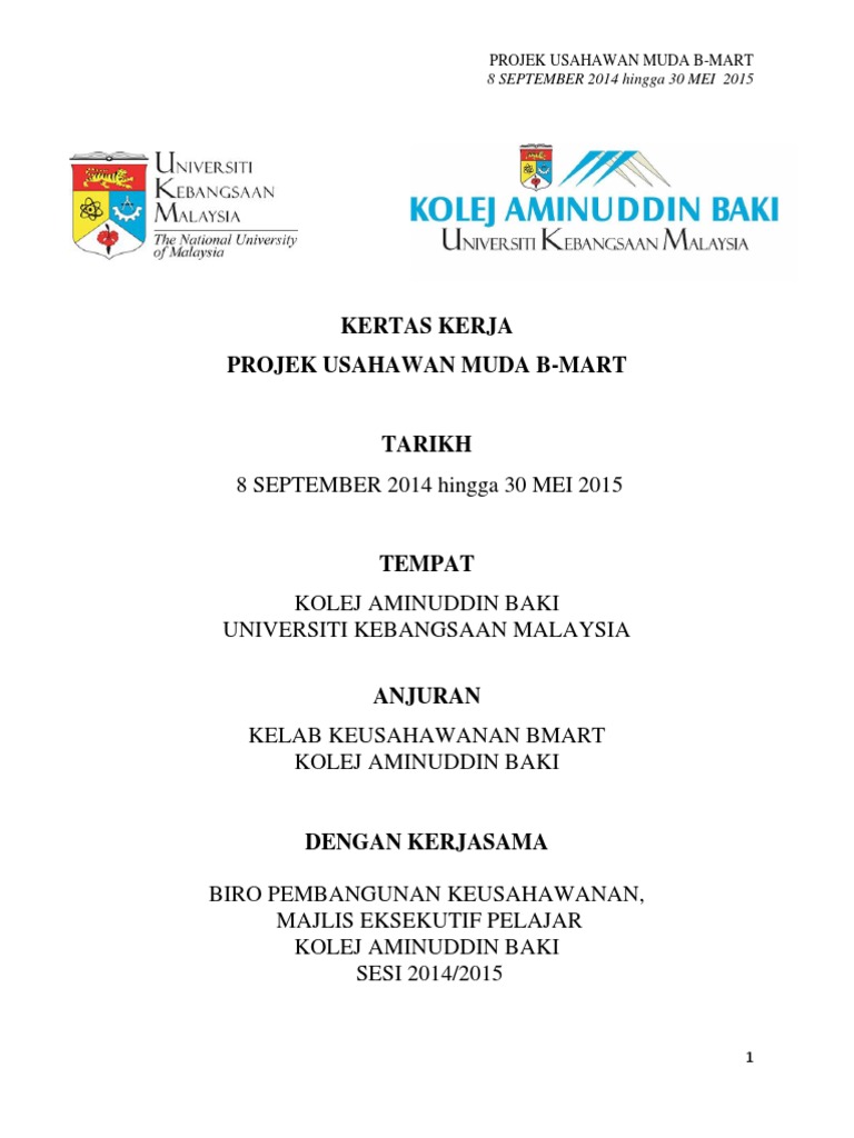 Kertas Kerja Program Usahawan Muda Bmart1415 | PDF