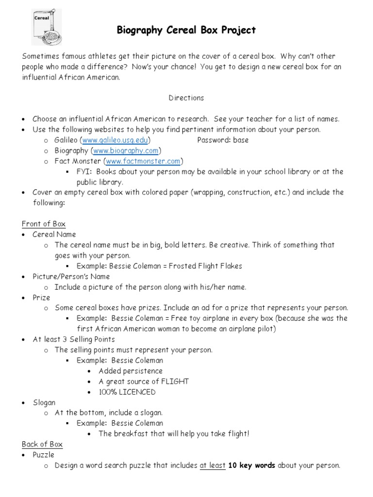 Biography Cereal Box Project | PDF | Word Search