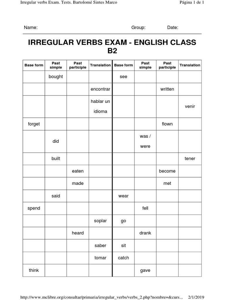 B2 English Irregular Verbs Exam | PDF