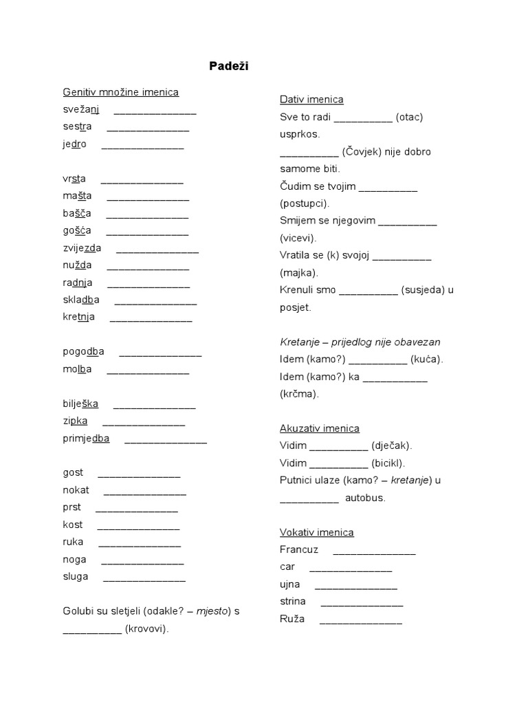 Padezi - Nastavni Listic | PDF