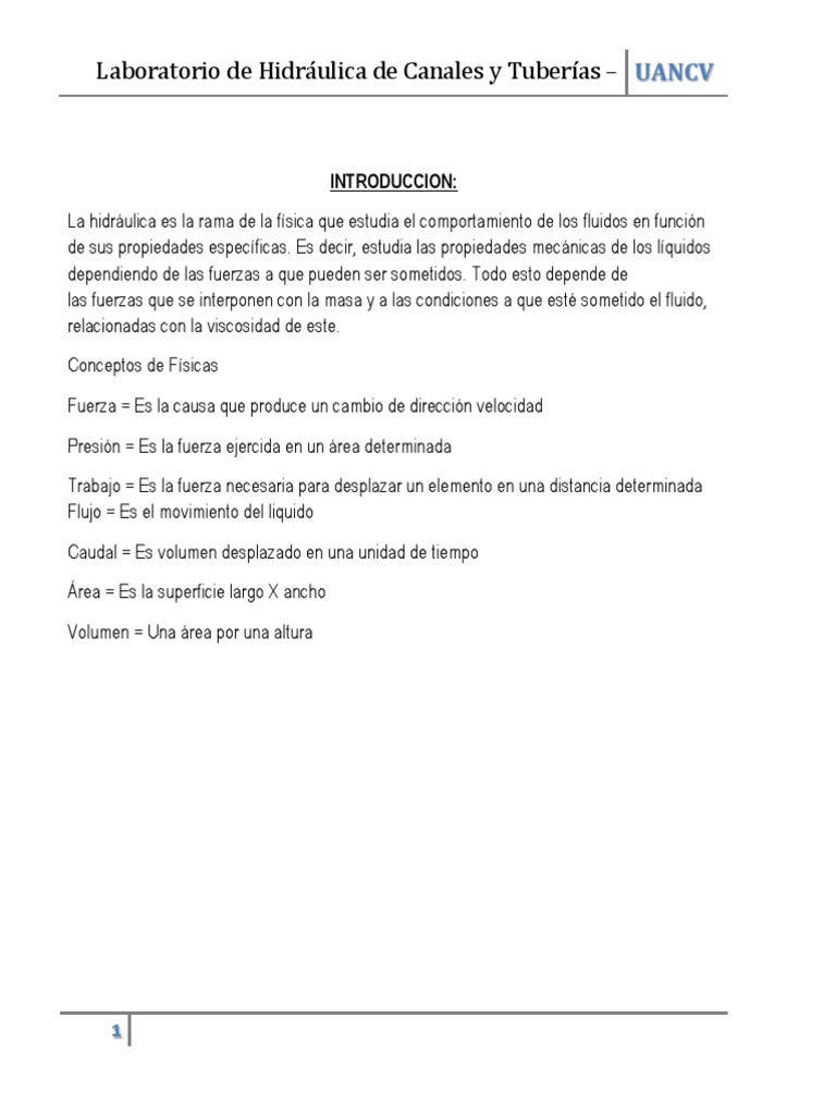 Informe Laboratorio de Hidraulica de Canales y Tuberias - Canal de ...