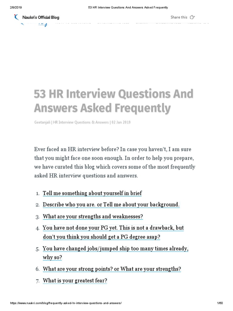 53 HR Interview Questions and Answers Asked Frequently | PDF | Question ...