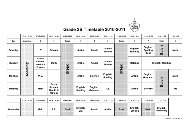Grade 2B Weekly Timetable | PDF