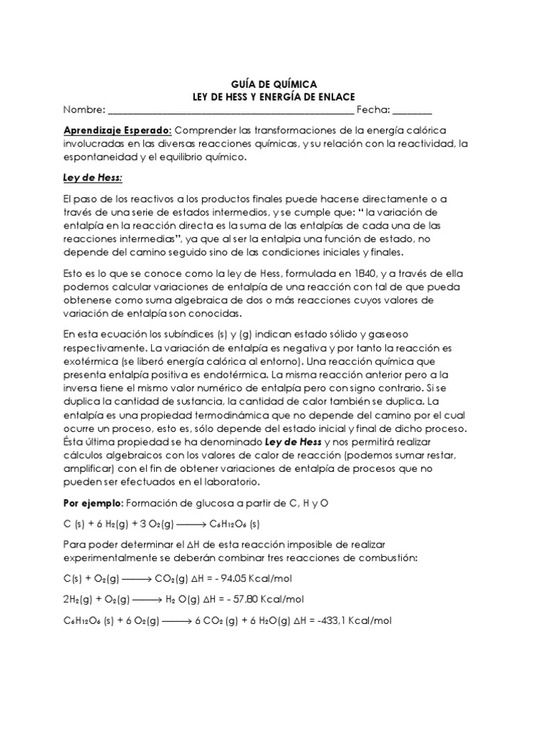 Guía de Química explora la Ley de Hess y el cálculo de energía de ...