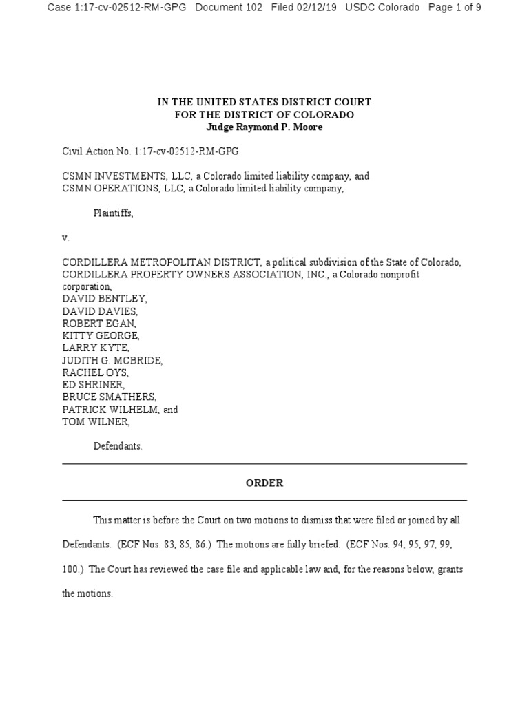 US District Court Judge Raymond Moore Feb 12 2019 Order Granting ...