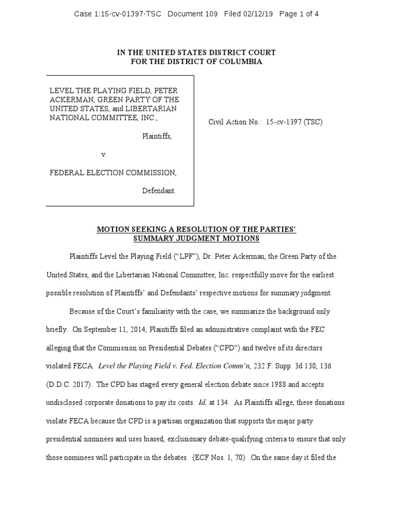 Plaintiffs File Motion For Summary Judgment in Lawsuit Against Debate ...