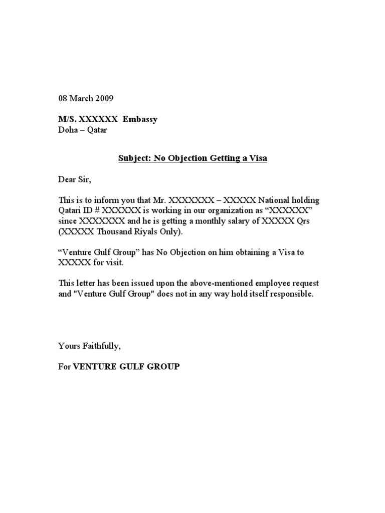 Letter of No Objection for an Employee Visa Application to [Country ...