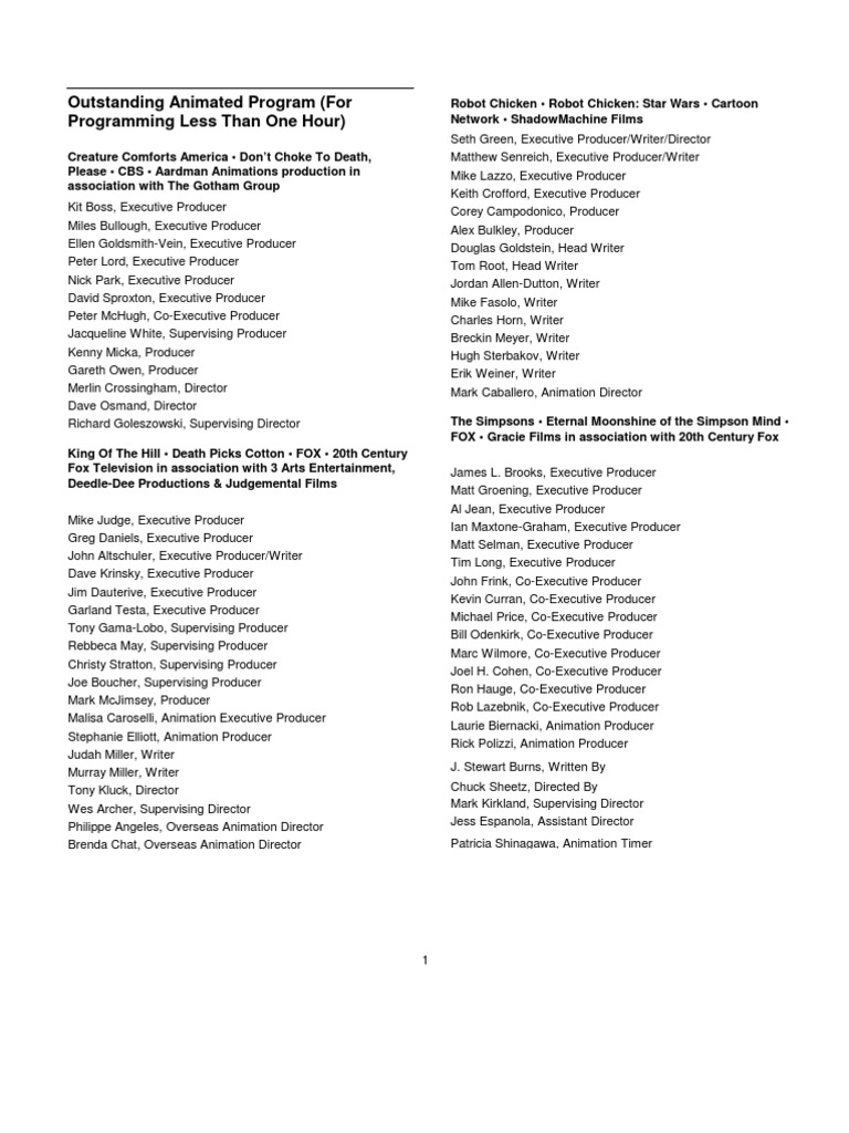 Outstanding Animated Program (For Programming Less Than One Hour) | PDF