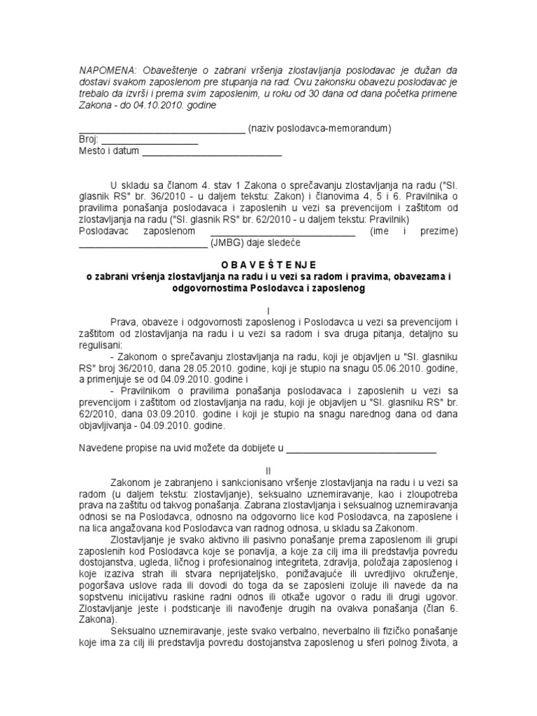 Obaveštenje o Zabrani Vršenja Zlostavljanja Na Radu I U Vezi Sa Radom I Pravima, Obavezama I ...