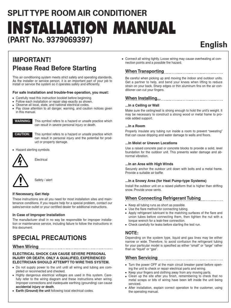 Installation Manual: Split Type Room Air Conditioner Standard ...