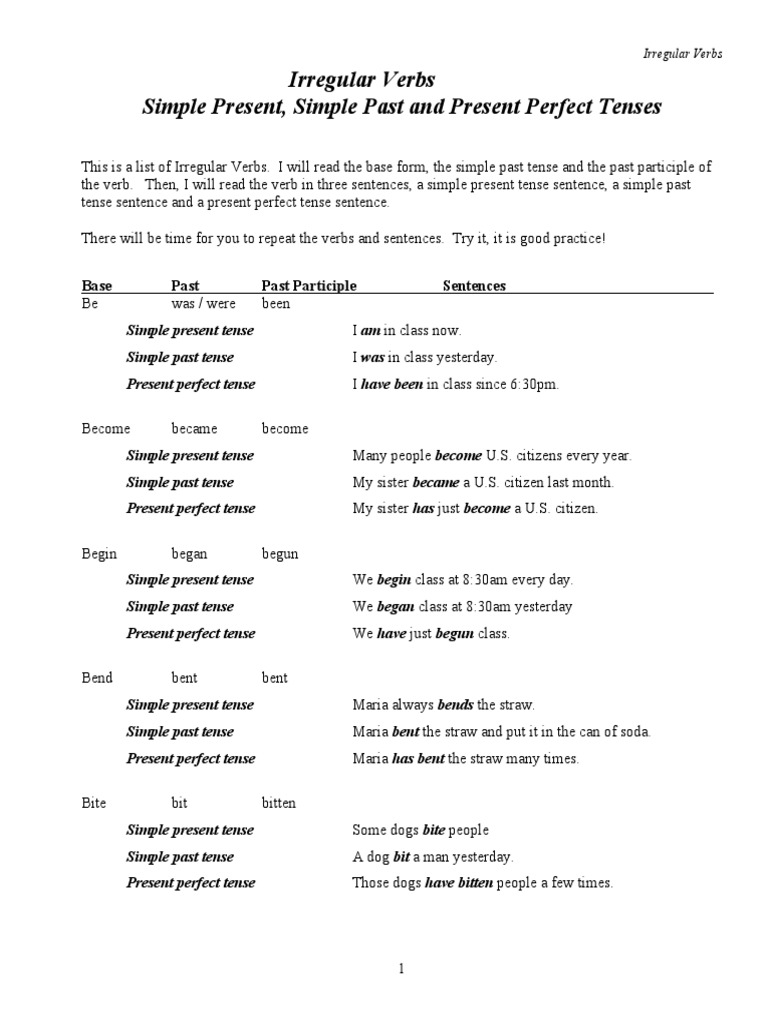 Present Perfect Irregular Verbs Guide | PDF | Grammatical Tense ...