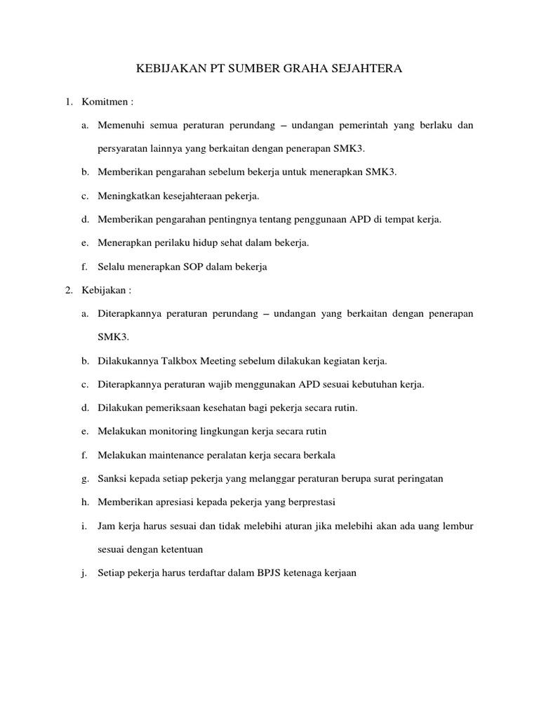 Kebijakan PT Sumber Graha Sejahtera | PDF | Teknologi & Rekayasa
