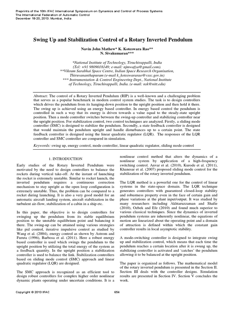 Swing Up and Stabilization Control of A Rotary Inverted Pendulum | PDF | Stability Theory ...