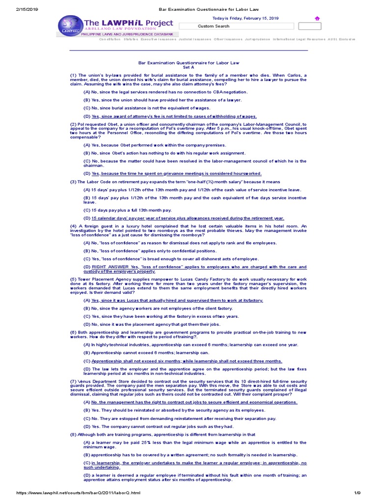 2011 Bar Examination Questionnaire For Labor Law | Download Free PDF ...