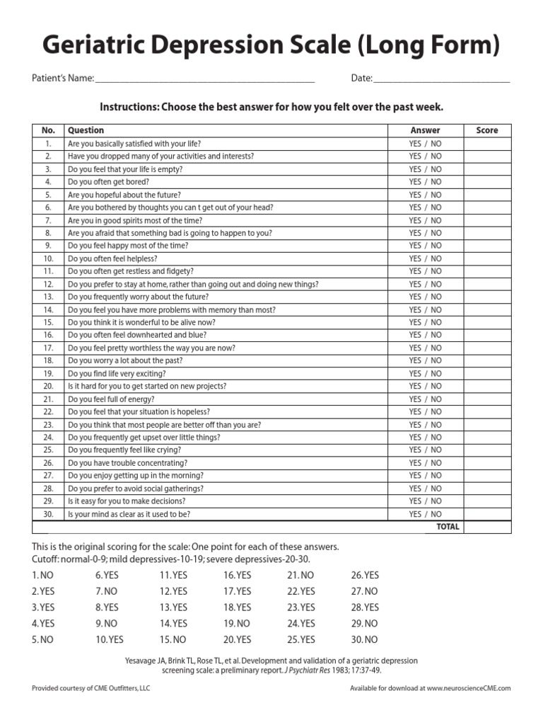 Geriatric Depression Scale-30 item | Geriatrics | Psychology & Cognitive Science