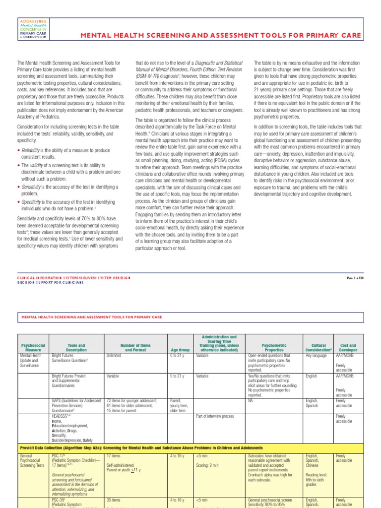 Summary of MH Screening and Assessment Tools for Primary Care ...