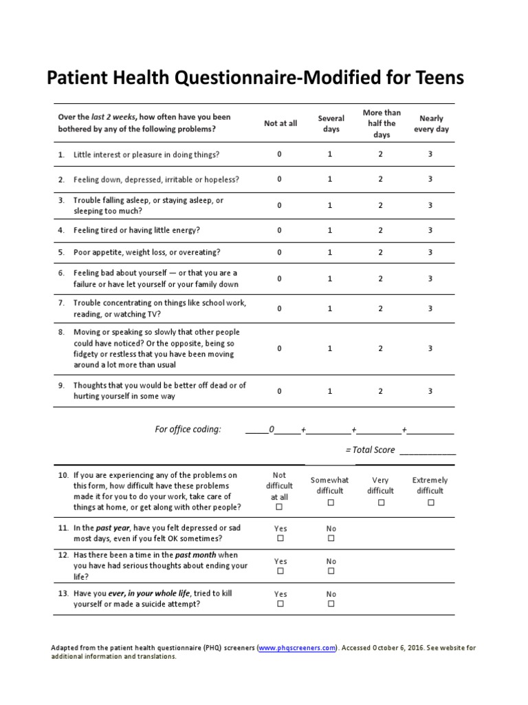 PHQ-9 Modified For Teens | PDF | Major Depressive Disorder | Neuroscience