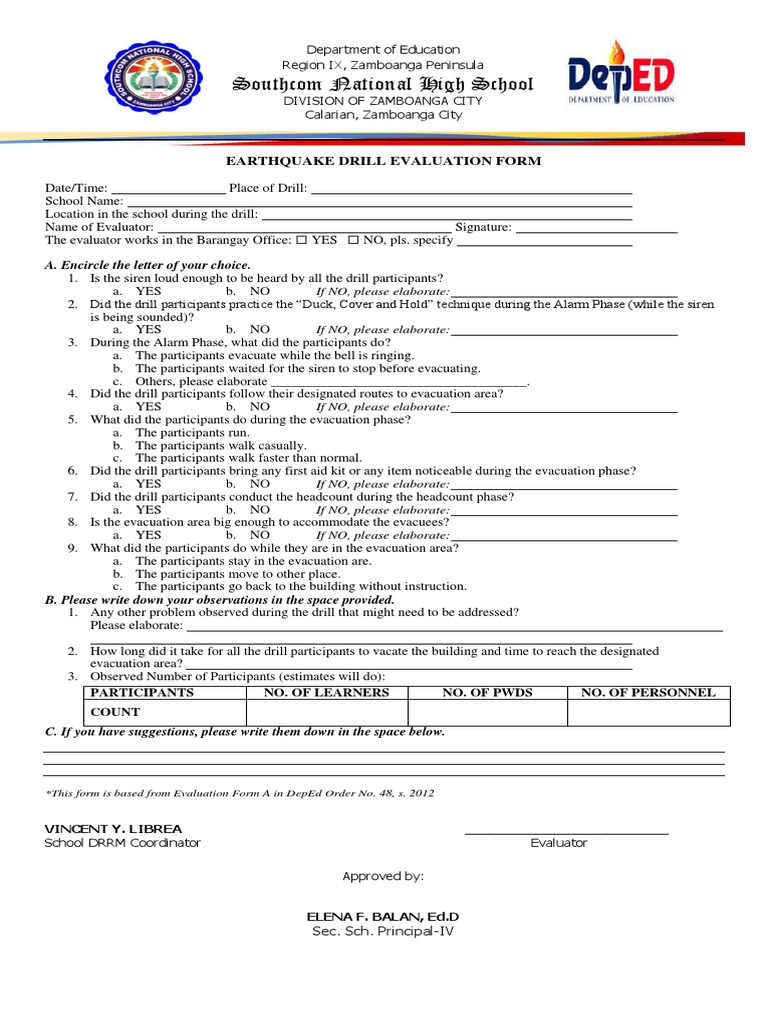 Southcom National High School: Earthquake Drill Evaluation Form | PDF