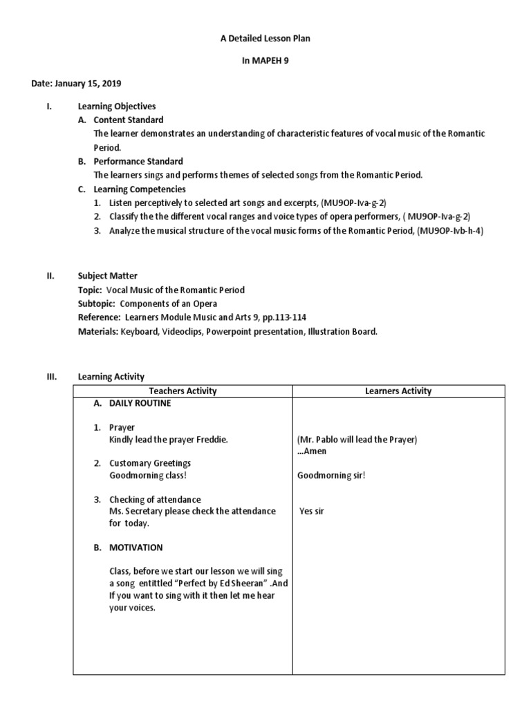 Opera Components in MAPEH 9 Lesson Plan | PDF | Singing | Opera