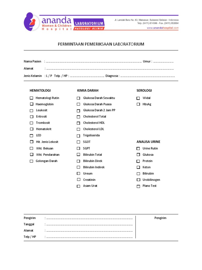 Permintaan Pemeriksaan Laboratorium: Hematologi Kimia Darah Serologi | PDF
