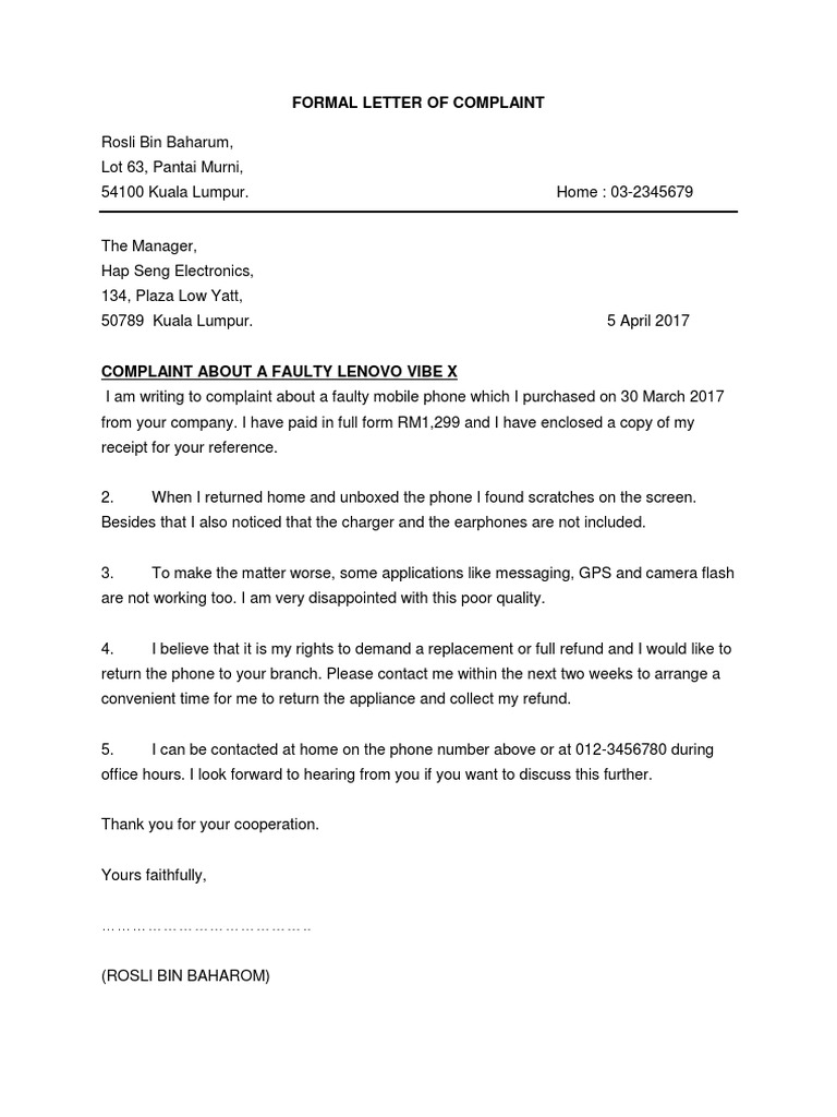 Formal Letter of Complaint-Sample | PDF | Consumer Electronics | Mobile ...