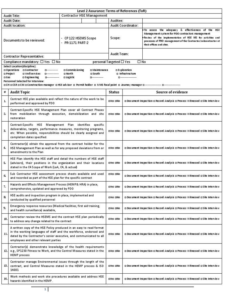 Contractor Hse Management: Level 2 Assurance: Terms of References (Tor ...