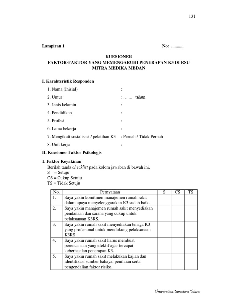 Kuesioner Penerapan K3 di RSU Mitra Medika | PDF