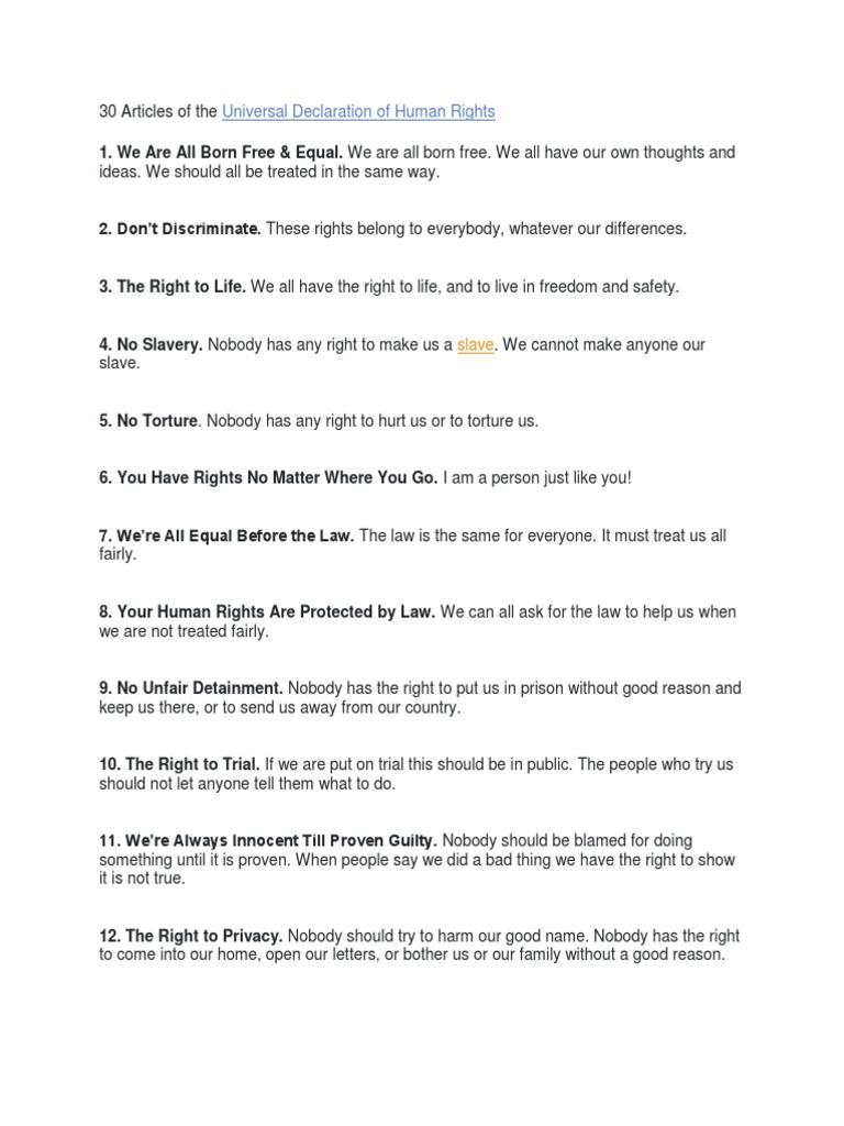 A Summary of the 30 Core Articles of the Universal Declaration of Human ...