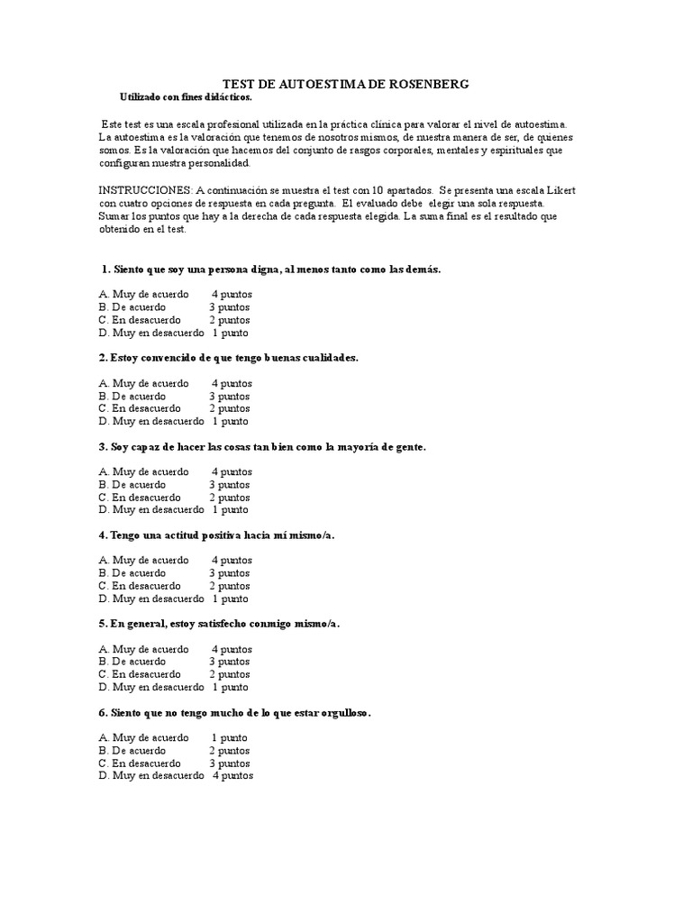 Test de Autoestima de Rosenberg | Escala de Likert | Sicología y ...
