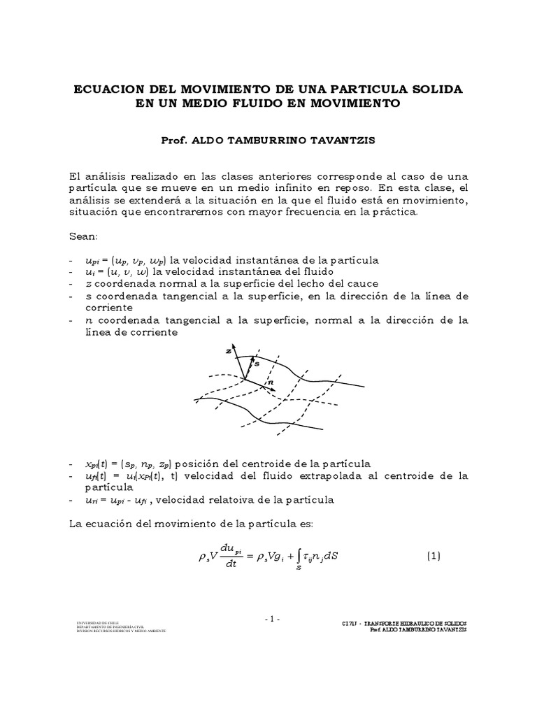 Ecuación del movimiento de una partícula sólida en un medio fluido en movimiento | PDF | Fluido | Pi