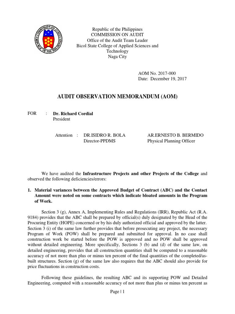 Sample Aom - Bloated ABC-non-compliance With IRR Provisions | PDF ...