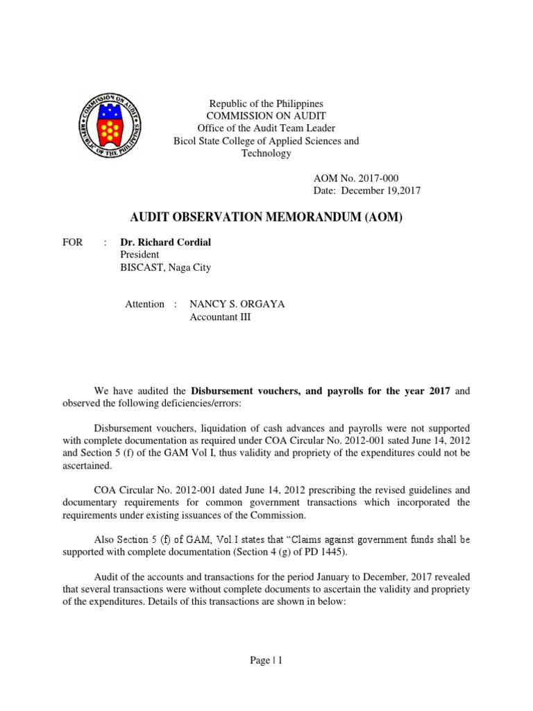 Sample Aom - Disbursement Vouchers-January, 2017 | PDF | Payments | Business Law