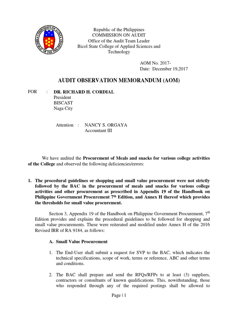 AOM on Meals and Snacks Procurement | PDF | Procurement | Audit