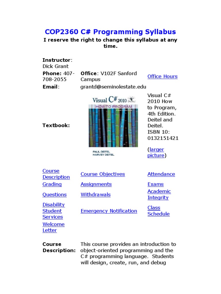 COP2360 C# Programming Syllabus | PDF | C (Programming Language ...