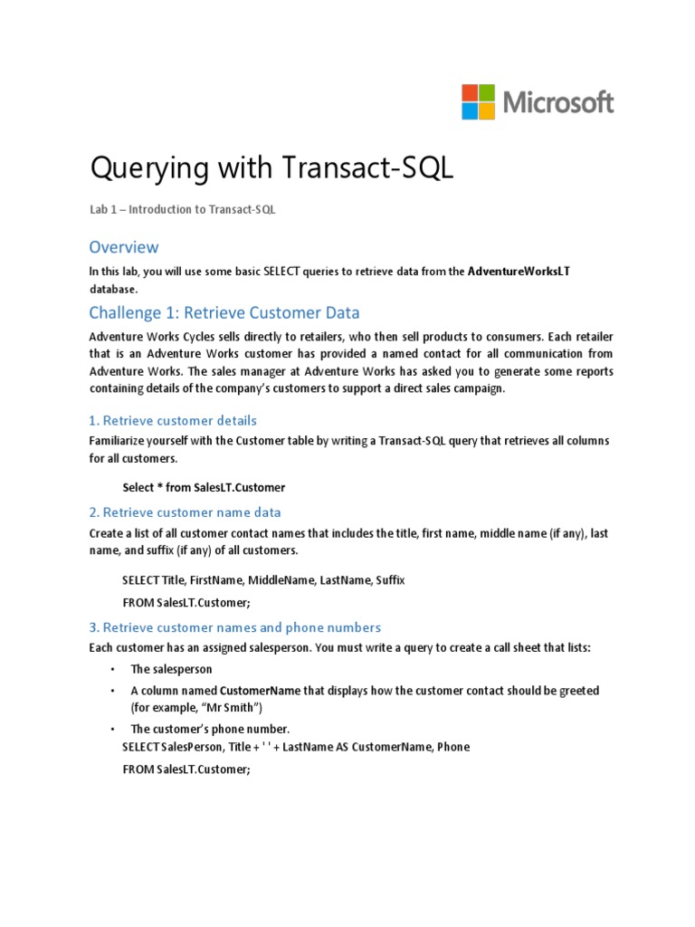 Generating Reports from the AdventureWorksLT Database Using Transact-SQL Queries | PDF ...