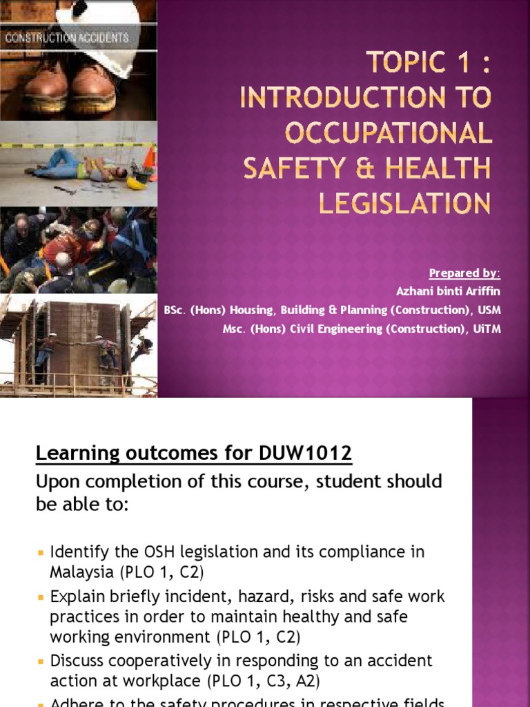 Topic 1 DUW1012 - Intro To OSH Legislation | PDF | Occupational Safety ...