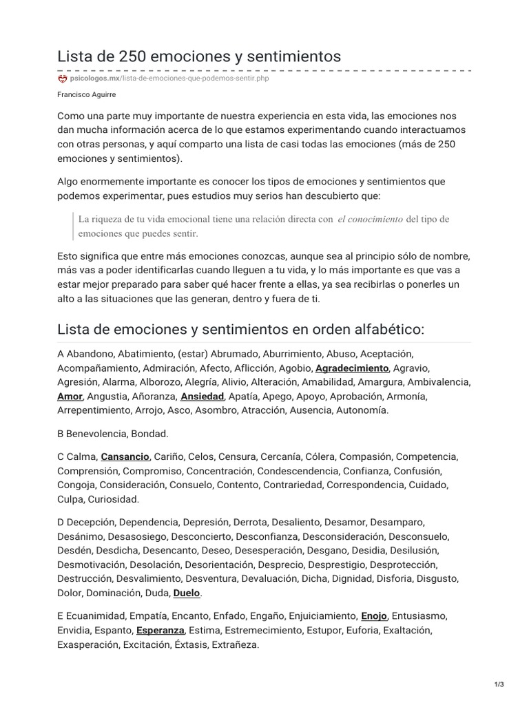Psicologos - Mx-Lista de 250 Emociones y Sentimientos | PDF | Las emociones | Psicología clínica
