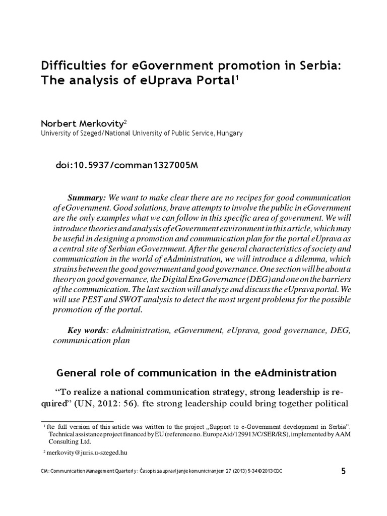 Difficulties For Egovernment Promotion in Serbia: The Analysis of Euprava Portal | PDF | E ...