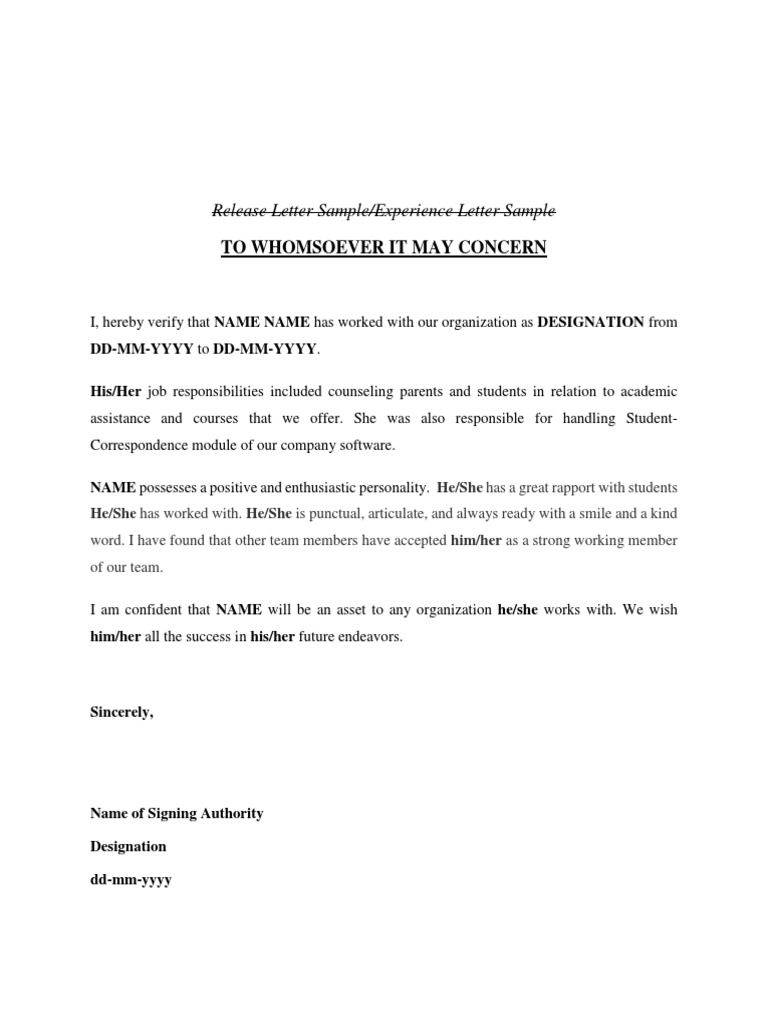 Release Letter Sample/Experience Letter Sample: To Whomsoever It May ...