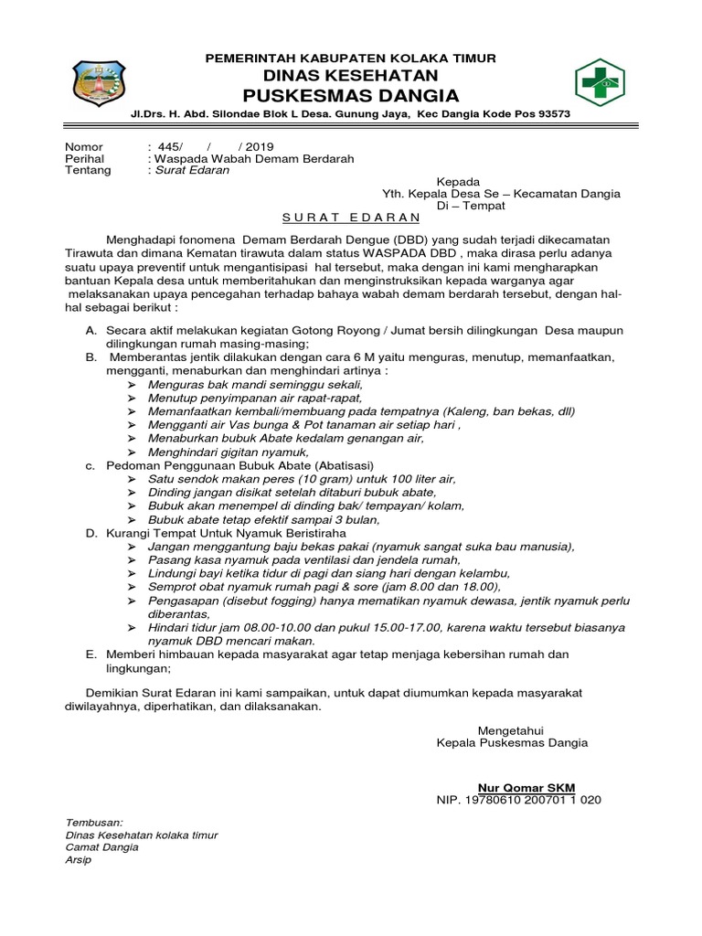 Surat Edaran Peringatan DBD Di Dangia | PDF