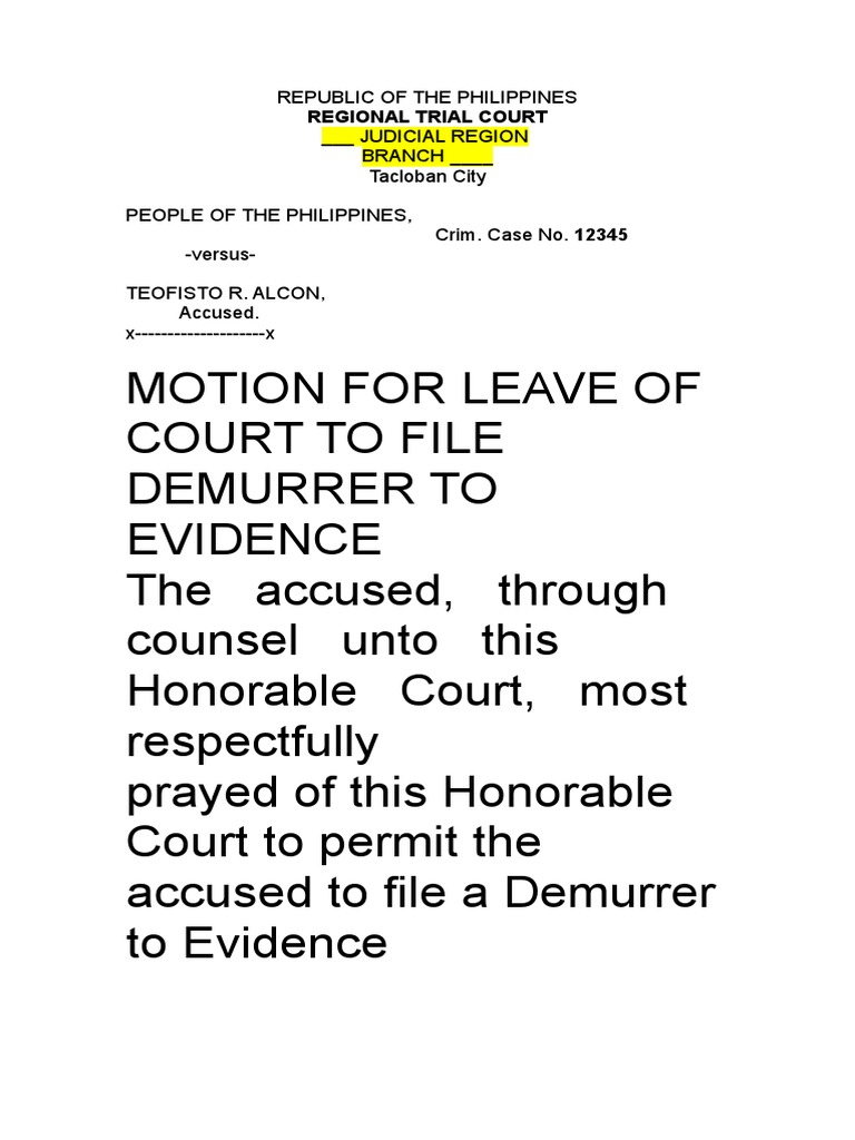 Motion For Leave of Court To File Demurrer To Evidence - 2 | PDF