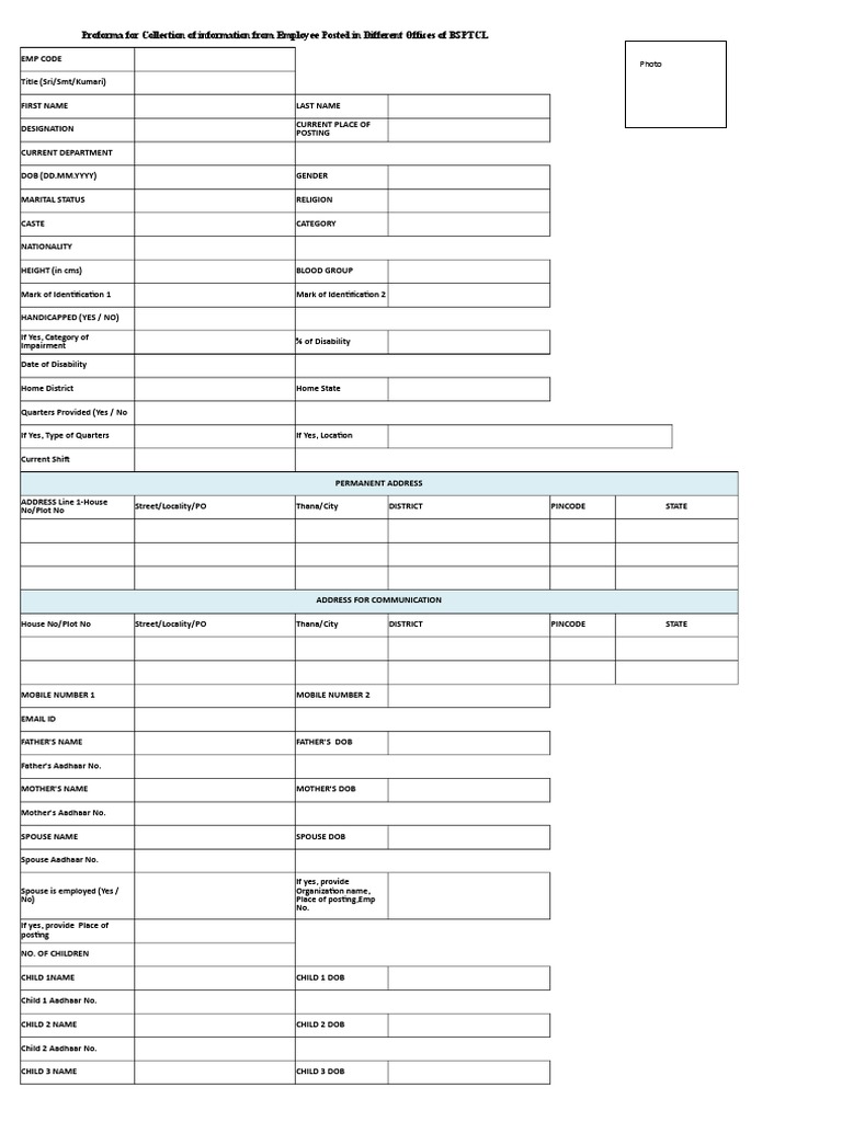Proforma For Collection of Information From Employee Posted in ...