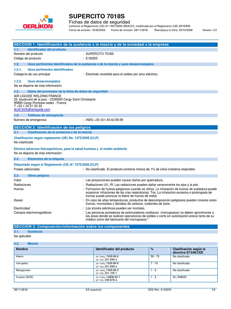 Ficha de Seguridad Supercito 7018S | PDF | Primeros auxilios | Toxicidad