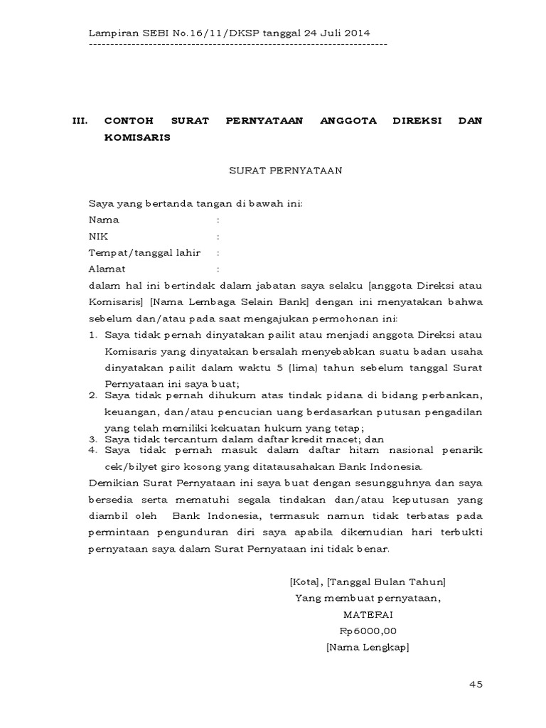 Contoh Surat Pernyataan Anggota Direksi Dan Komisaris | PDF