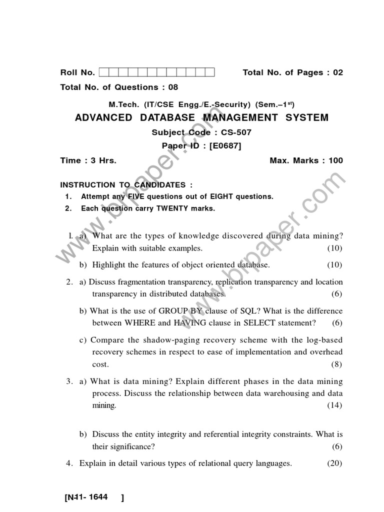 ADBMS Question Paper | PDF | Data Warehouse | Databases ADBMS Question Paper | PDF | Data Warehouse | Databases