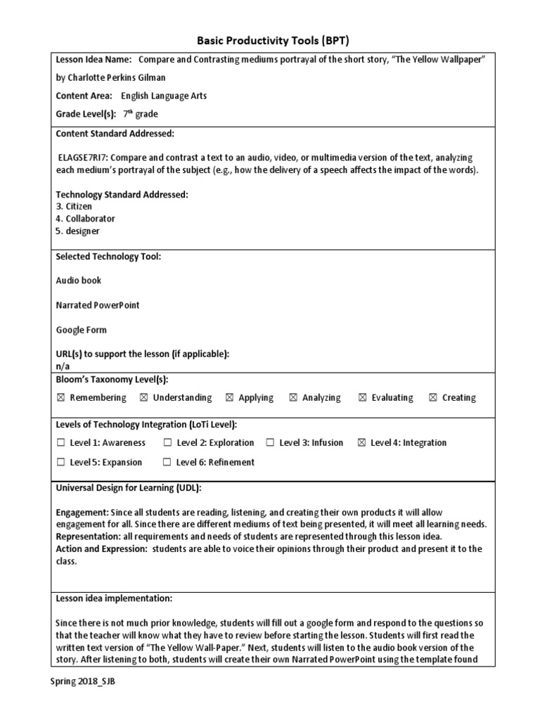 BPT Lesson Idea 1 | PDF | The Yellow Wallpaper | Teaching
