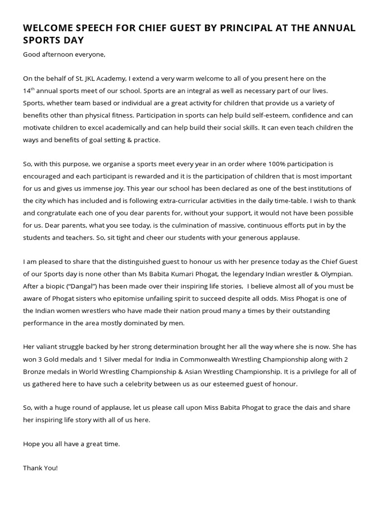 Welcome Speech for Chief Guest at Sports Day | PDF