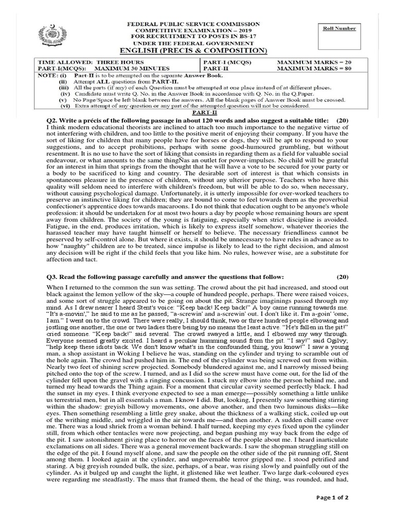 English Precis and Composition 2019 Paper | PDF