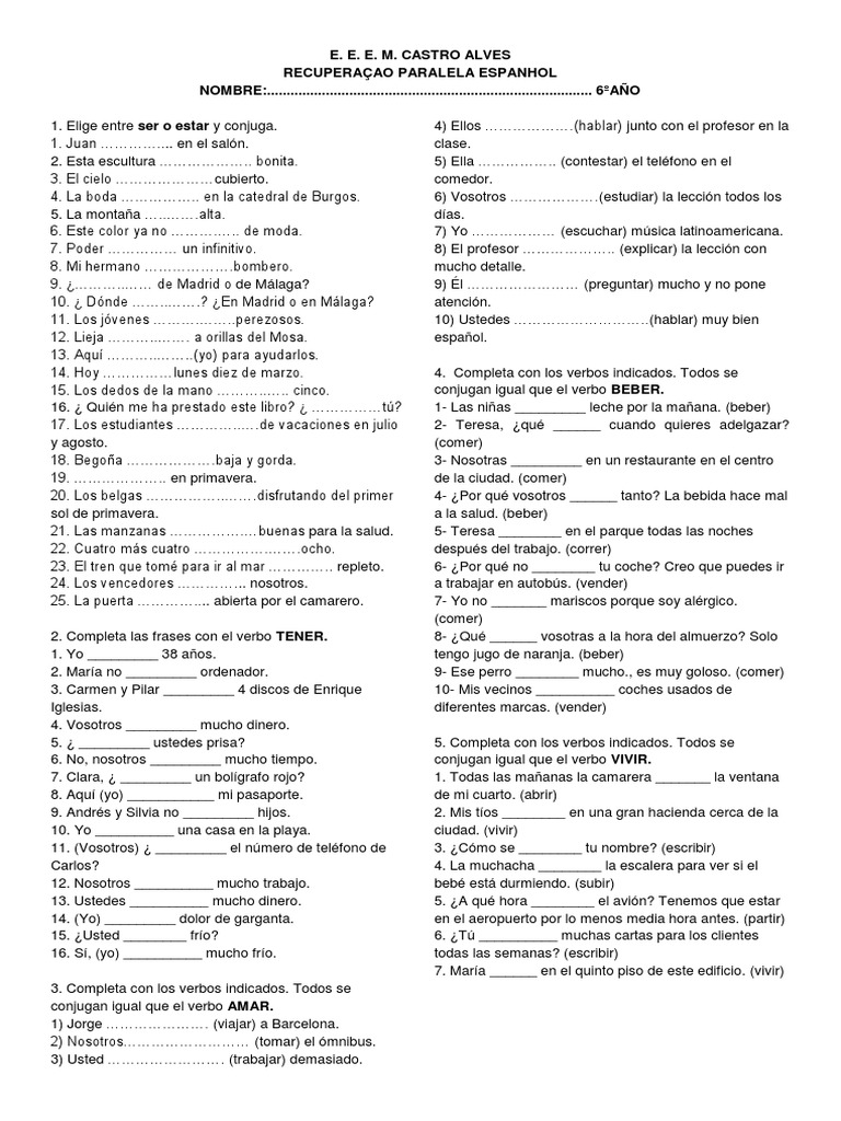 Ejercicios de Verbos en Español | PDF | Ocio | Agitación